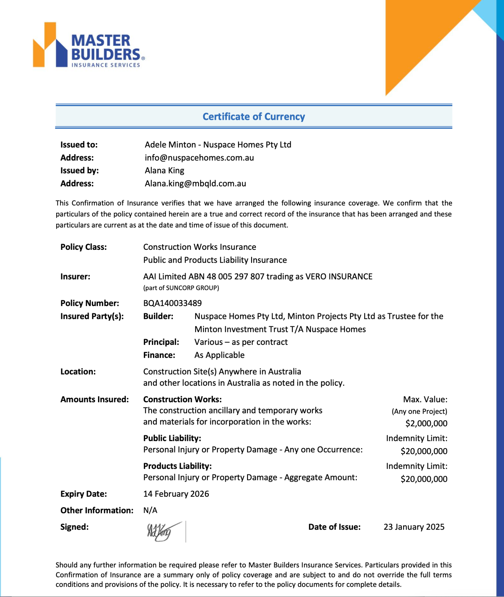 Master Builders Insurance - Nuspace Homes