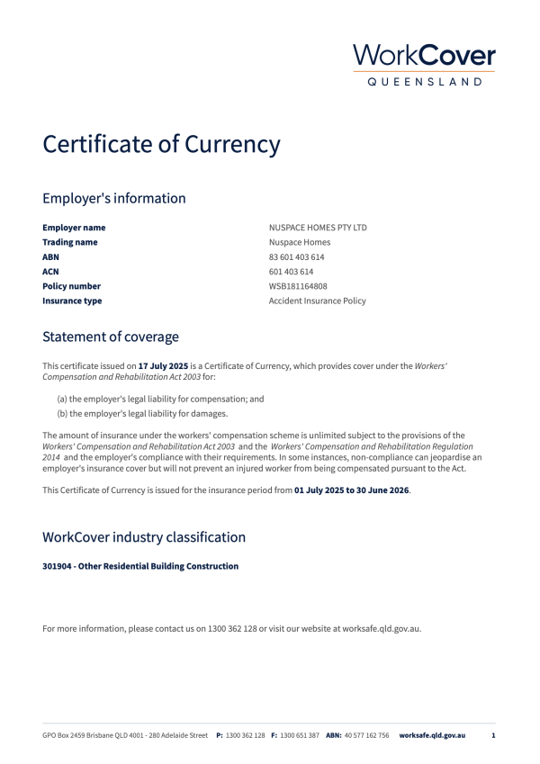Work Cover Certificate - Nuspace Homes