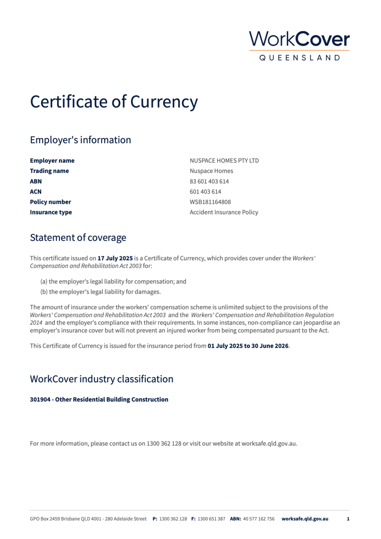 Work Cover Certificate - Nuspace Homes